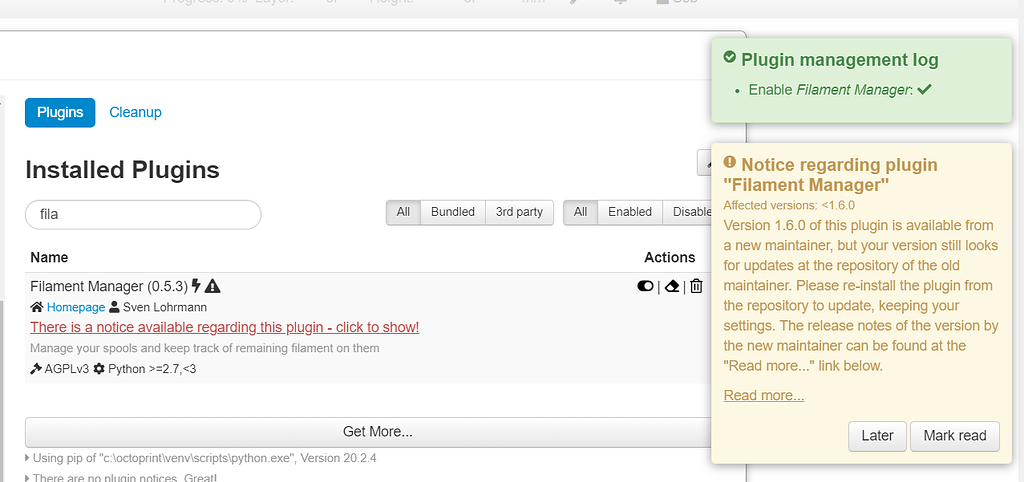 FilamentManager Plugin install issue / Windows - Get Help - OctoPrint Community Forum
