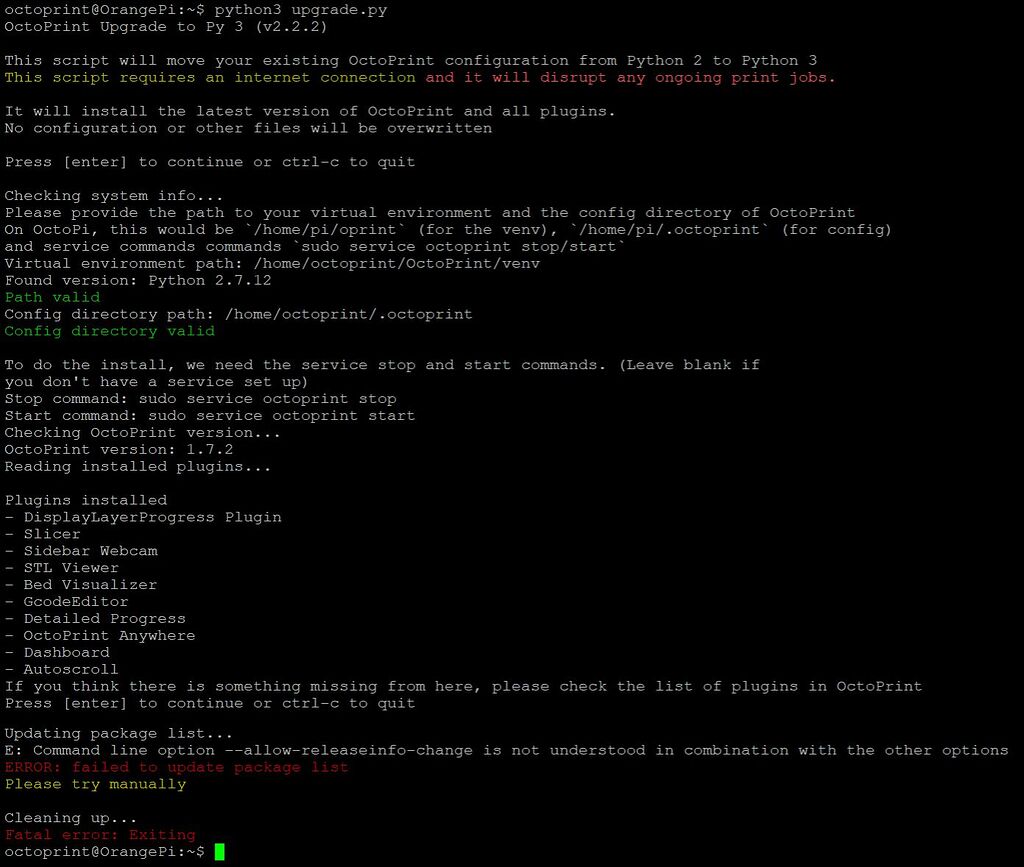 My OctoPrint update fails with "--allow-releaseinfo-change is not ...
